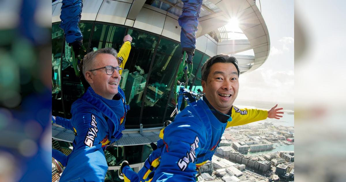 Cam and Shige leap for charity in Drop Your Boss 2022 - Givealittle